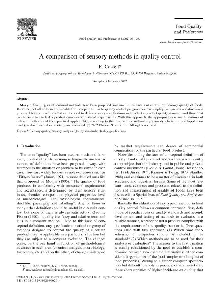A Comparison of Sensory Methods in Quality Control | PDF | Expert ...