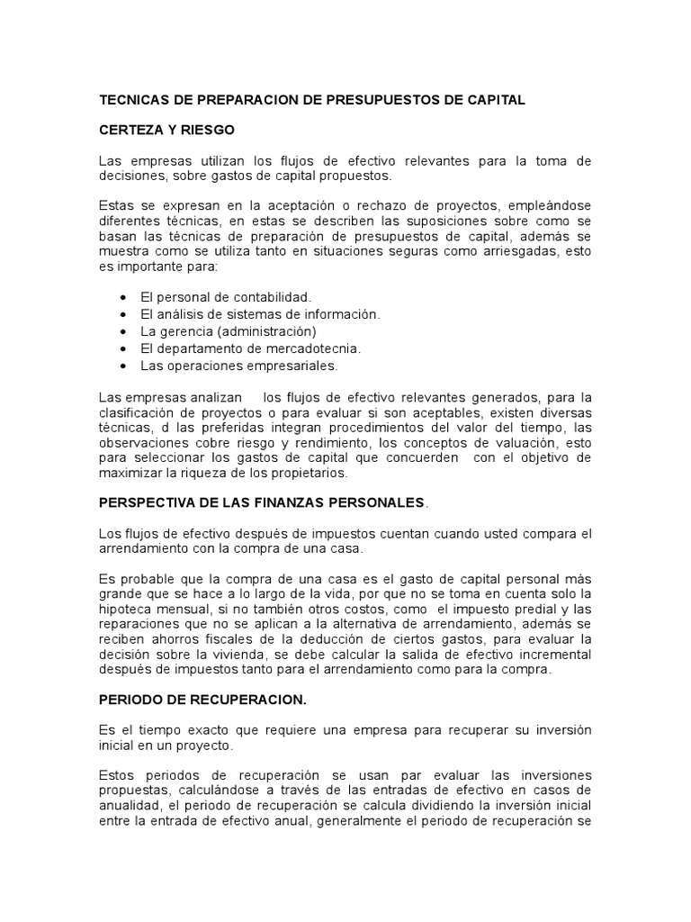 Tecnicas de Preparacion de Presupuestos de Capital | PDF | Tasa interna de retorno | Flujo de ...