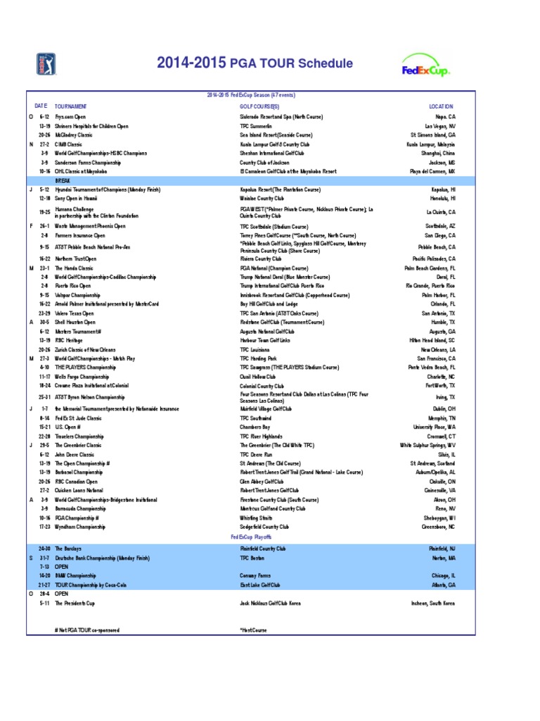2014 2015 Pga Tour Schedule | PDF | Professional Golf Tours ...