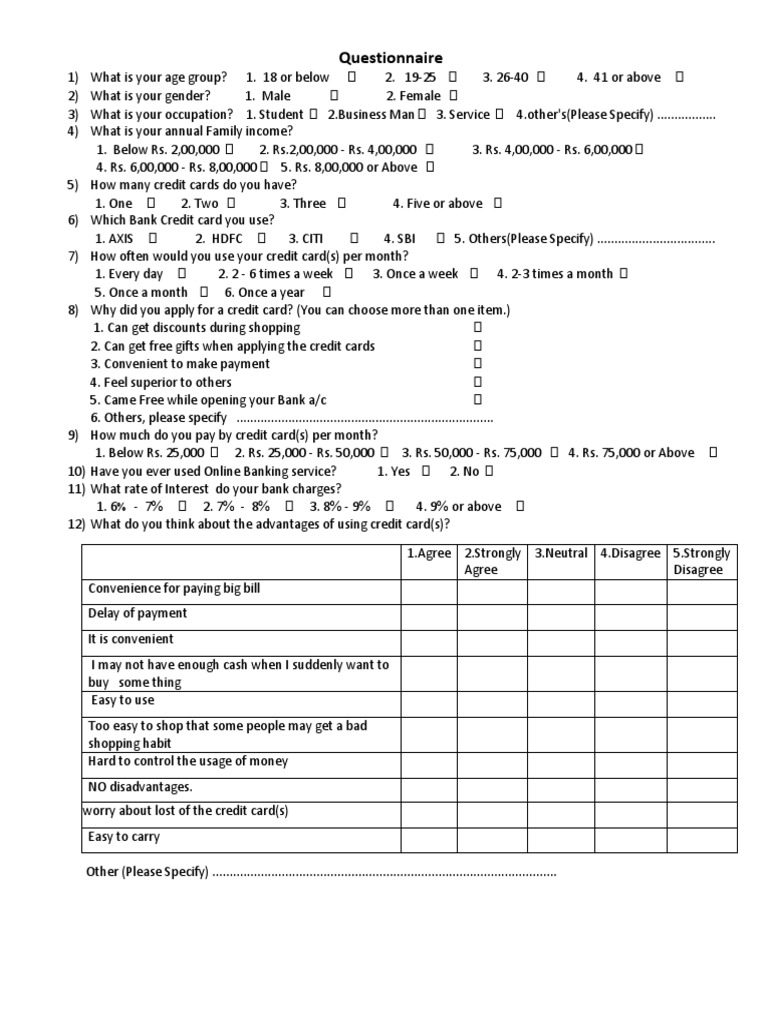 Credit Card Usage Survey Questionnaire | PDF | Business | Finance ...