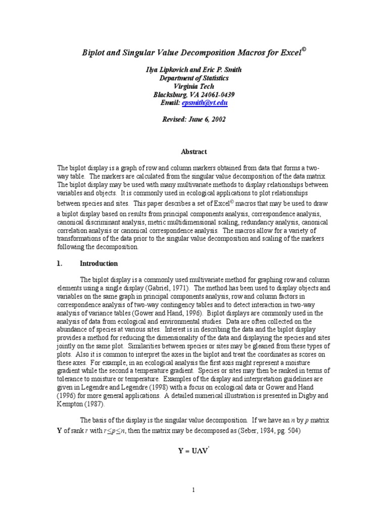 Biplot and Singular Value Decomposition Macros For Excel | PDF ...