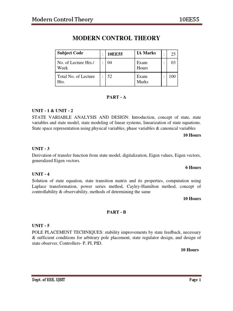 Eee V Modern Control Theory (10ee55) Notes | PDF | Control Theory ...