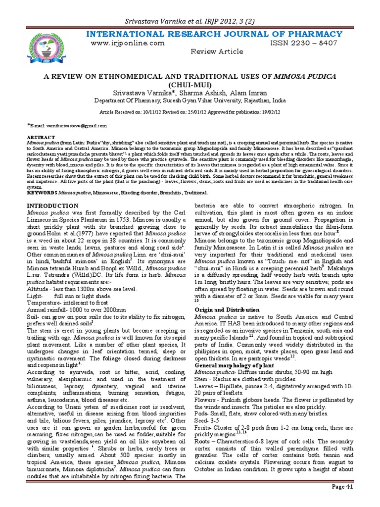 Ethnomedicinal and Traditional Uses of Mimosa pudica (Chui-Mui): A ...
