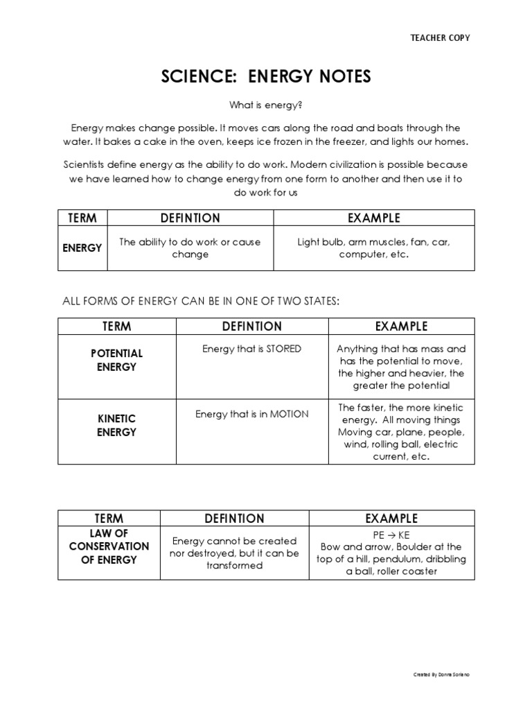 Science - Energy Notes Teacher | PDF | Light | Physical Phenomena