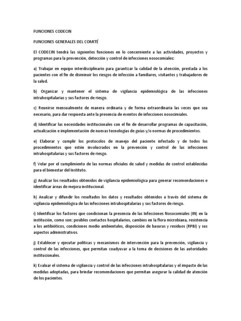 Funciones Codecin | PDF | Infección adquirida en el hospital | Hospital