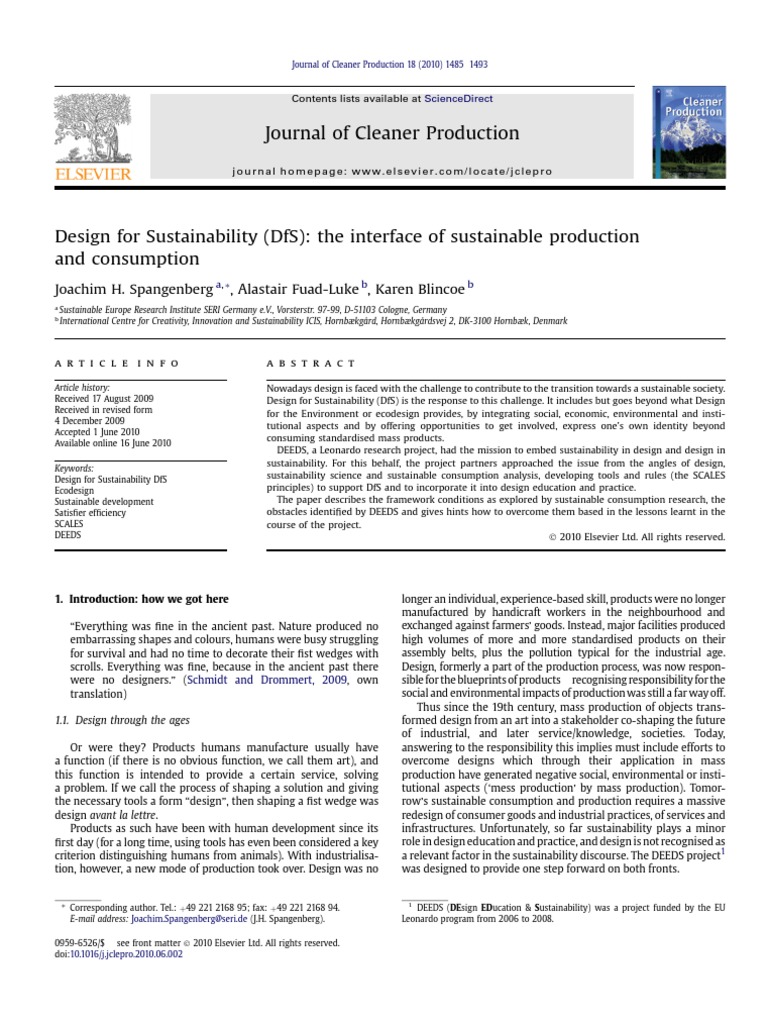 Journal of Cleaner Production: Joachim H. Spangenberg, Alastair Fuad ...