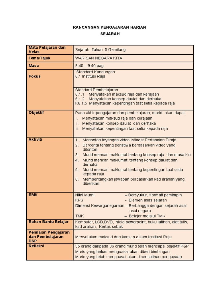 RPH Sejarah Tahun 5 | PDF