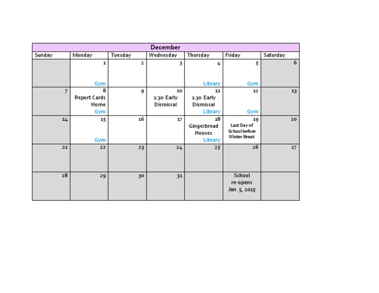 December School Calendar 2015 | PDF