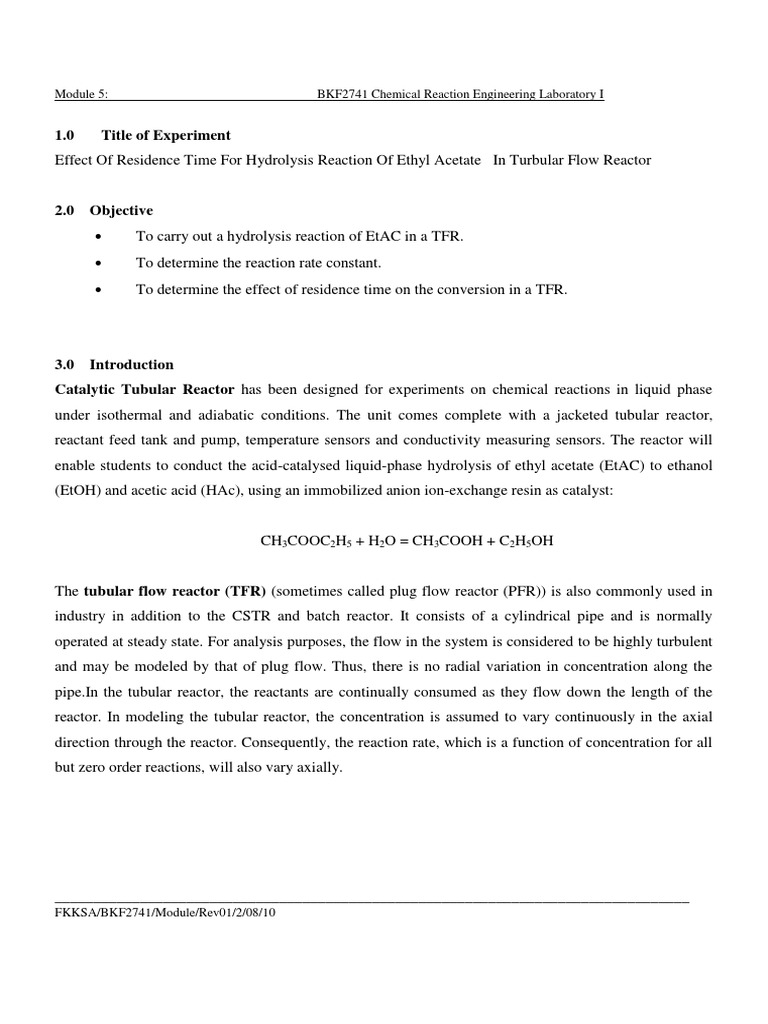 Hydrolysis in Tubular Flow Reactor | PDF | Chemical Reactor | Catalysis
