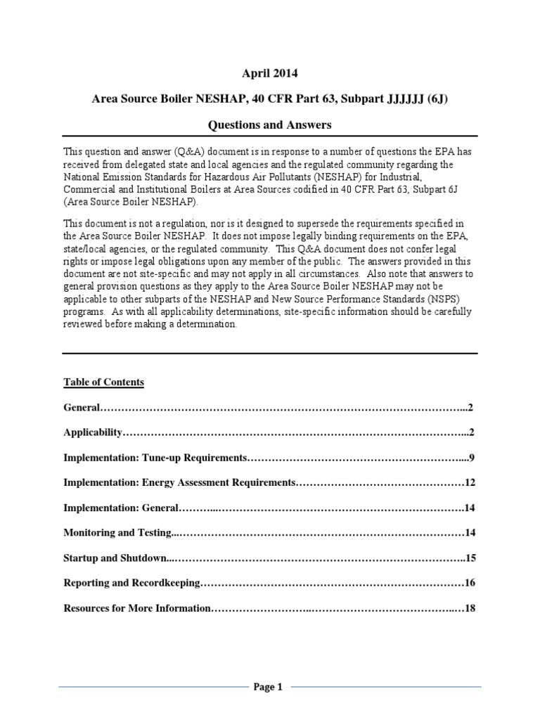 April 2014 Area Source Boiler NESHAP, 40 CFR Part 63, Subpart JJJJJJ ...