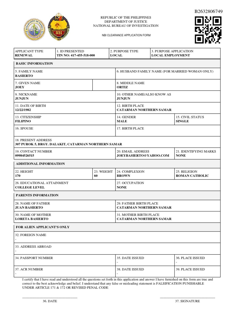 Nbi Clearance Application Form | PDF | Law