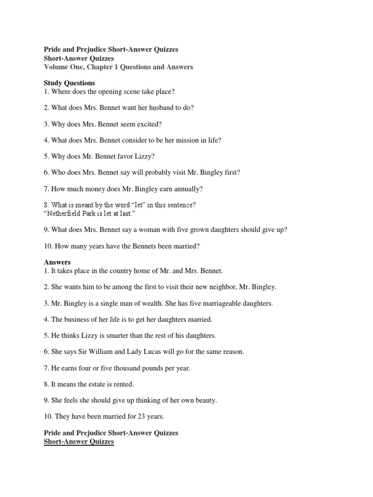 Pride and Prejudice Quiz Questions | PDF | Pride And Prejudice ...
