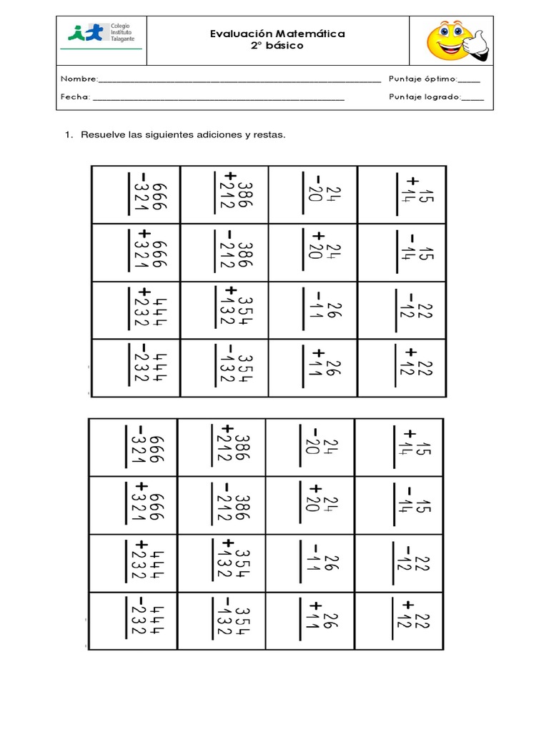 Prueba Sumas y Restas | PDF
