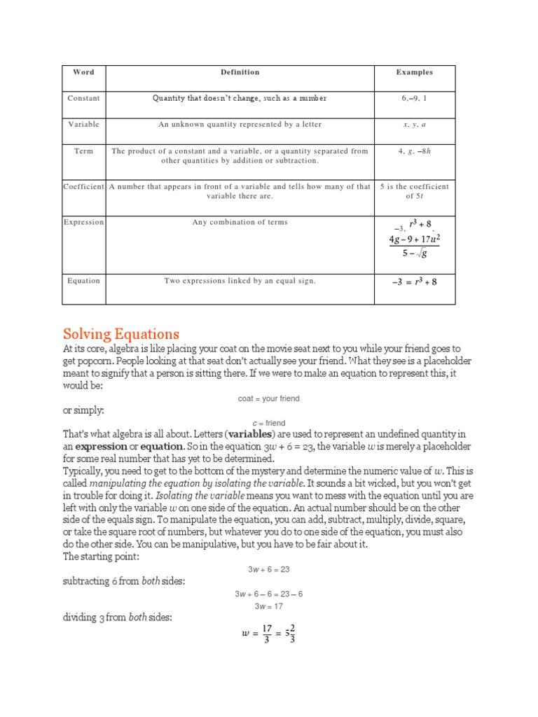 Solving Equations: Word Examples | PDF | Variable (Mathematics) | Equations