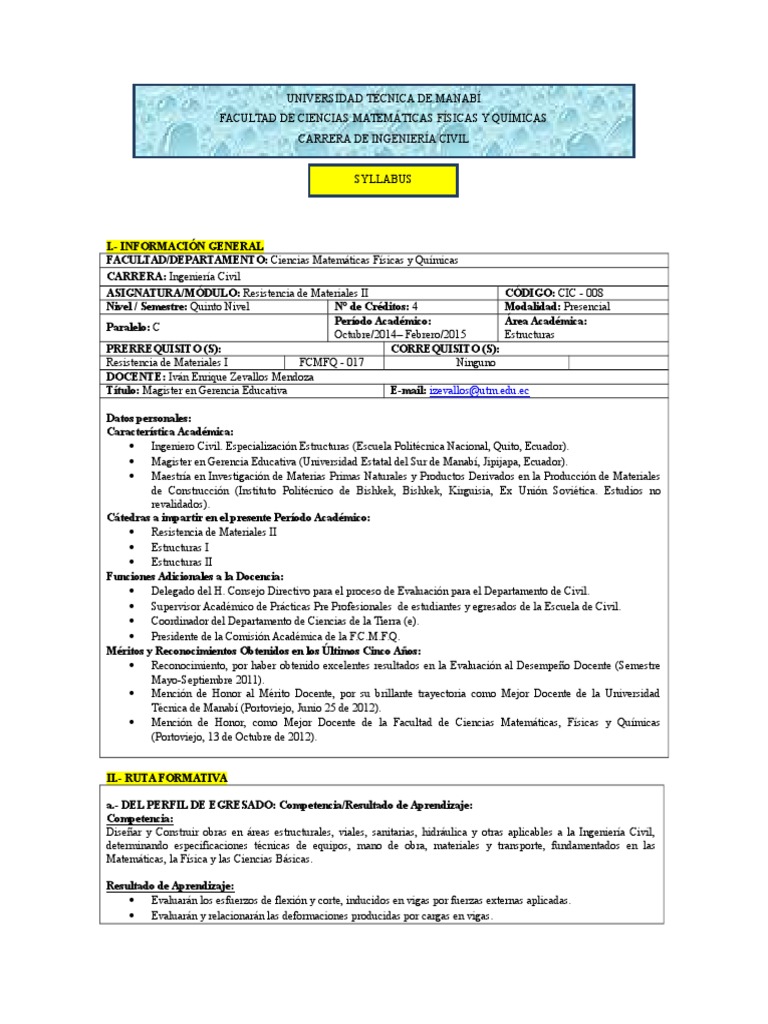 Syllabus Resistencia de Materiales II Por Ivan Zevallos 14-15 | PDF | Doblar | Science