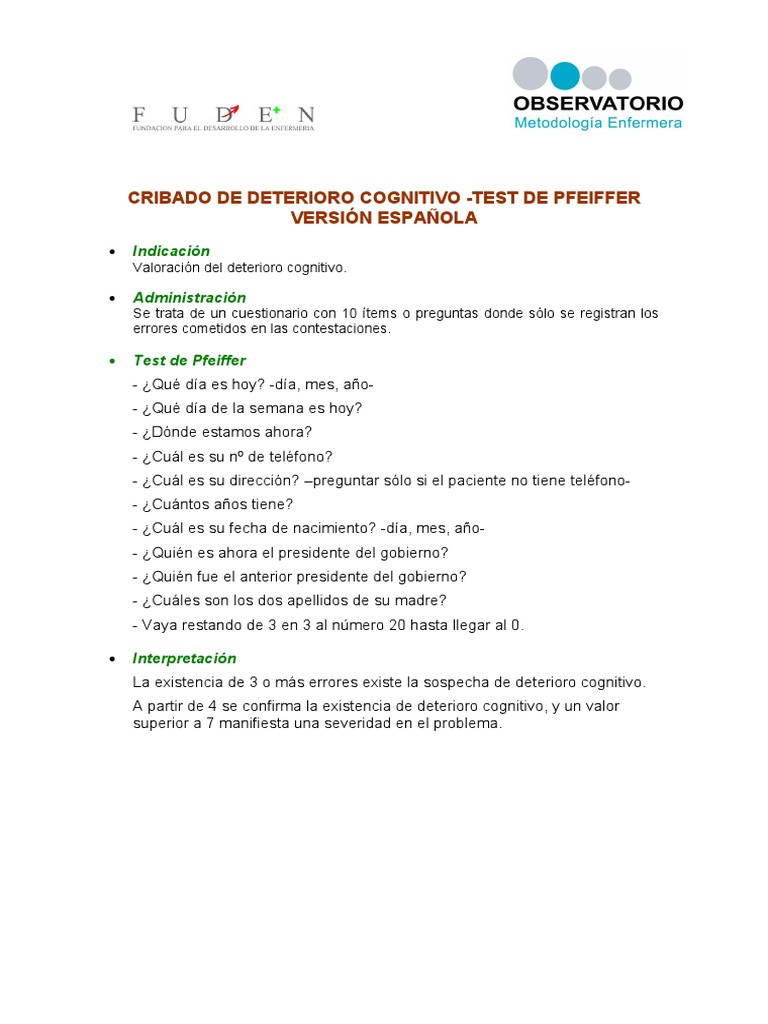 Cribado Cognitivo: Test de Pfeiffer | PDF | Salud y bienestar