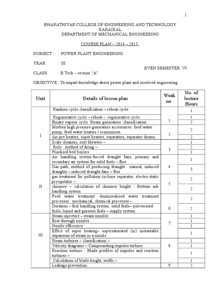 Course Plan Power Plant Engineering | PDF | Boiler | Power Station
