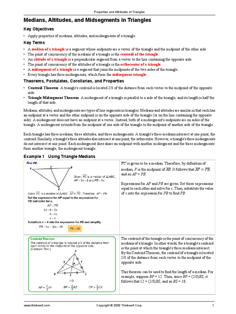 Unit 3 Lesson 5 Medians Altitudes and Midsegements in Triangles Notes ...