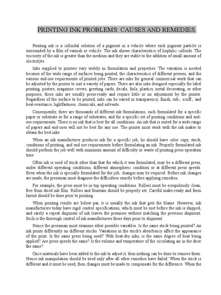 Printing Ink Problems-Causes and Remedies | PDF | Ink | Paper