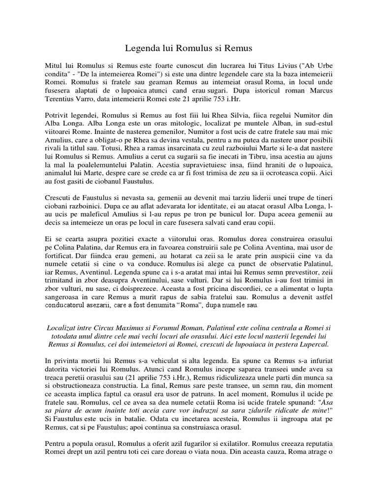 Legenda Lui Romulus Si Remus | PDF