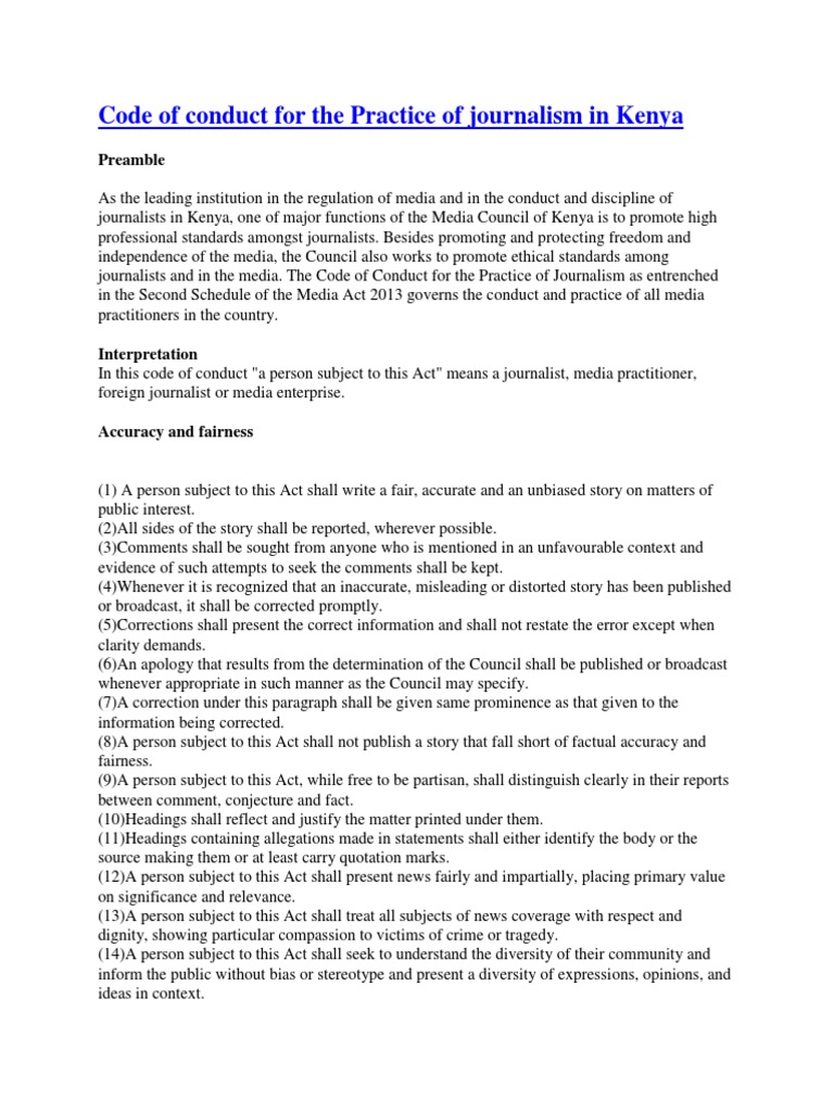 Kenya's Journalism Code of Conduct | PDF | Journalism | News