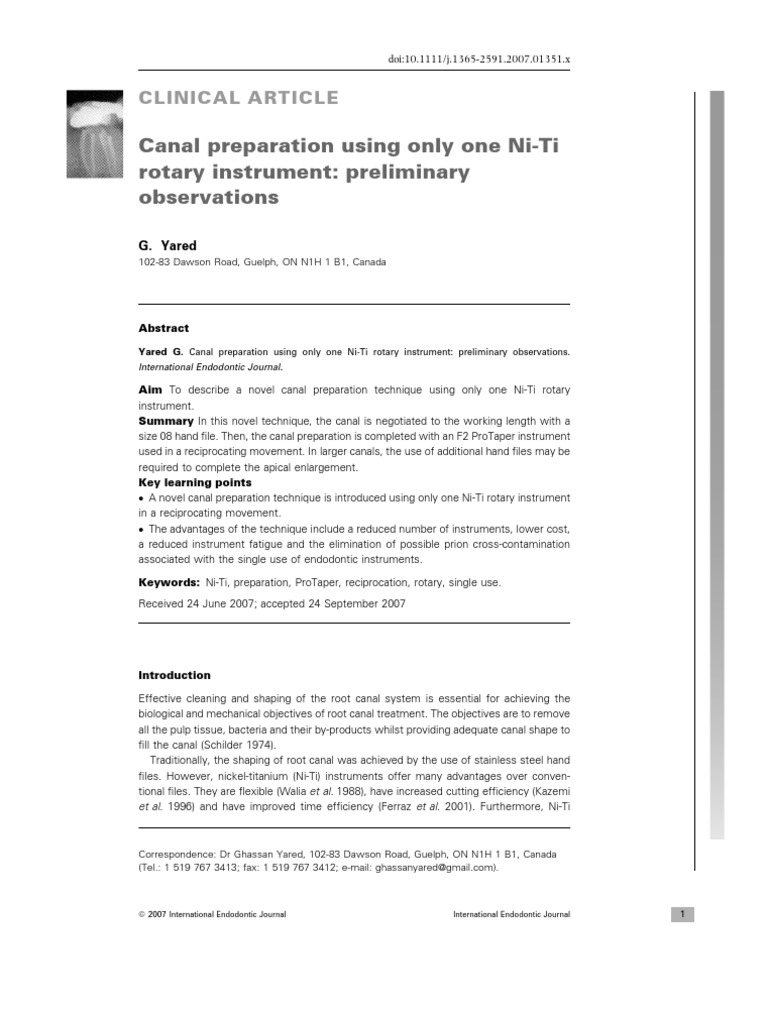 Canal Preparation Using Only One Ni-Ti Rotary Instrument Preliminary ...