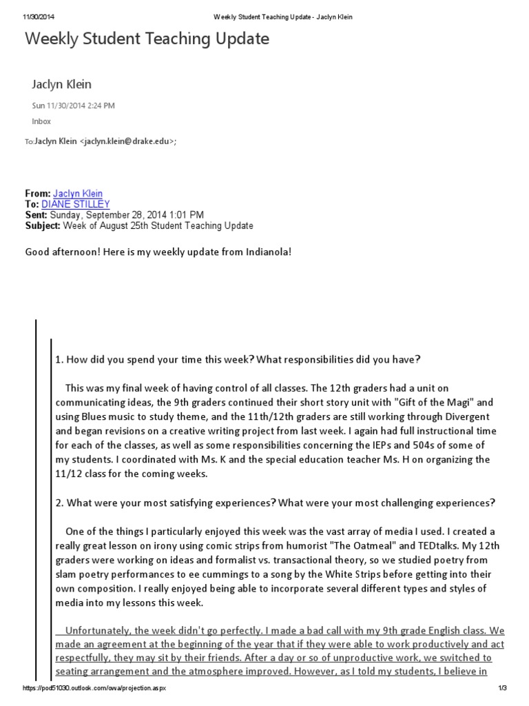 Weekly Student Teaching Update | PDF | Further Education | Teaching And ...