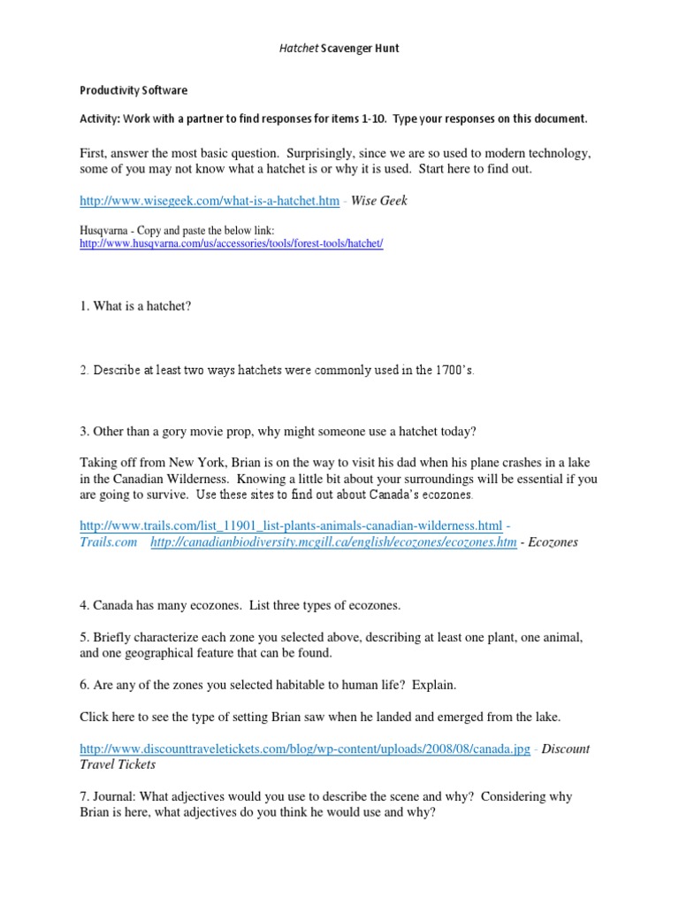 Hatchet Scavenger Hunt | PDF | Organisms | Nature