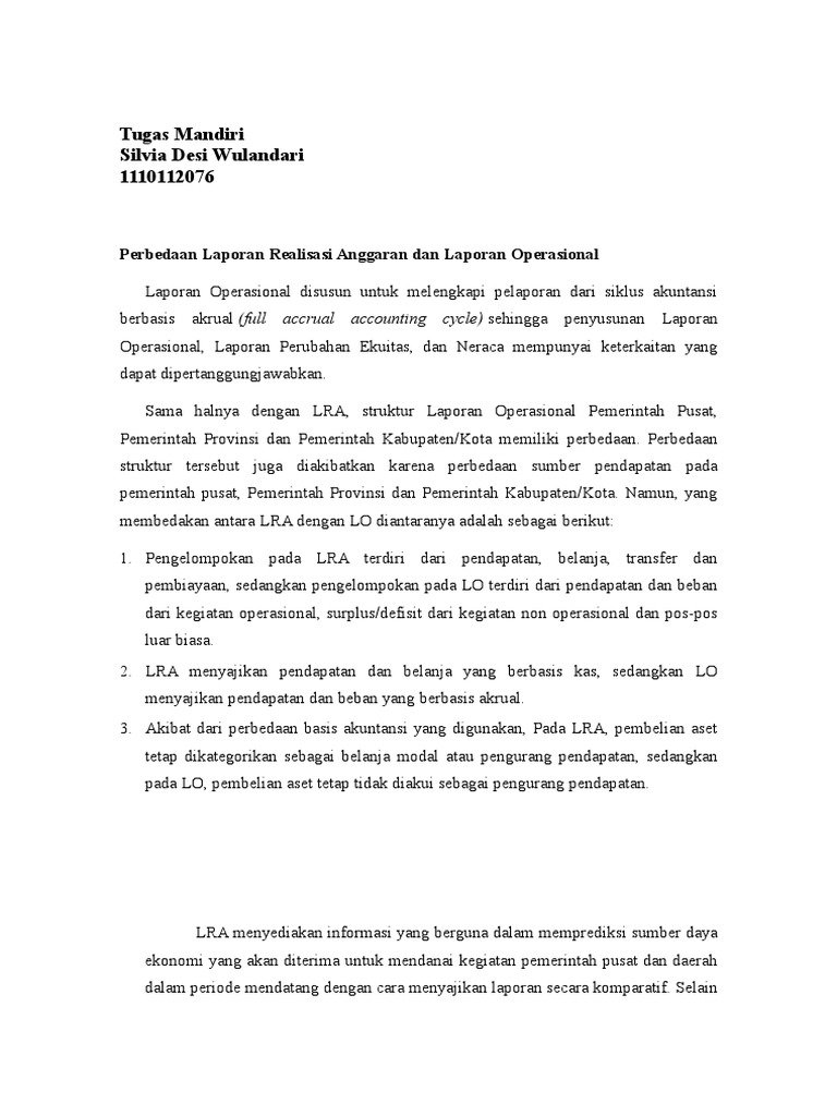 Perbedaan LRA Dan Laporan Operasional | PDF