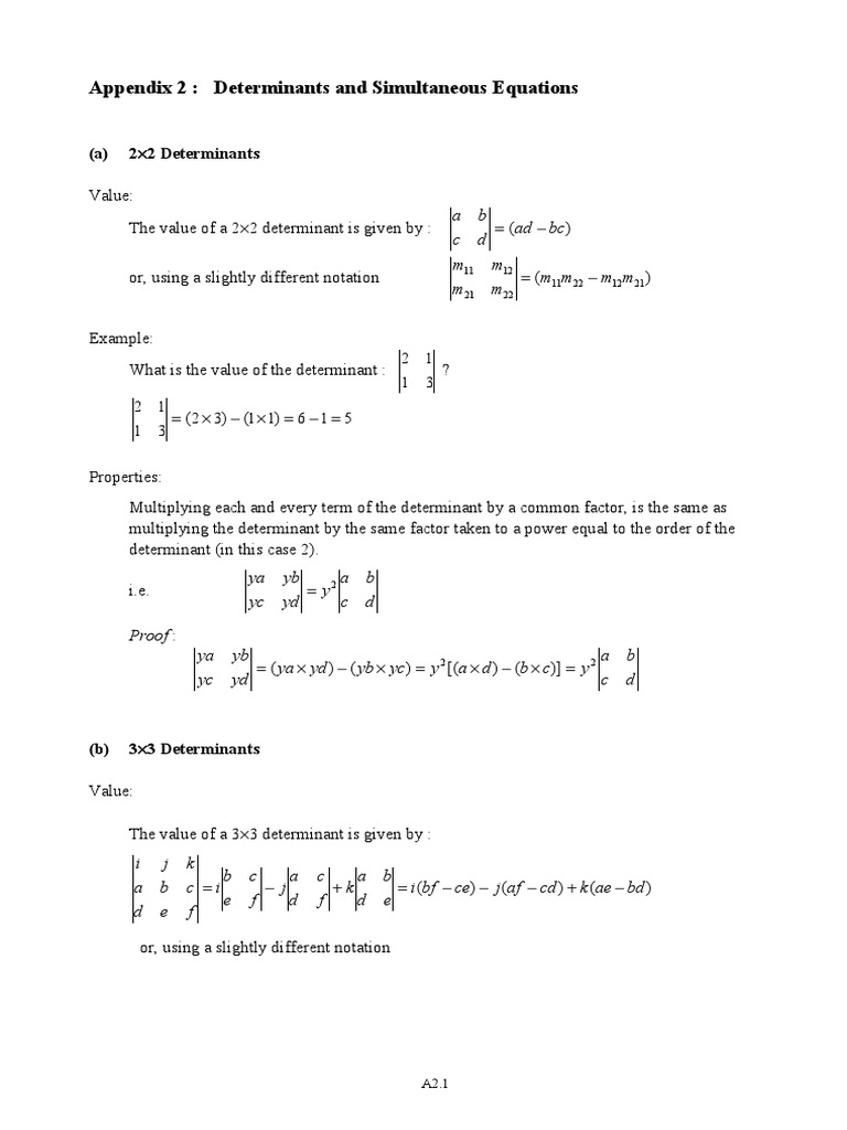 Appendix 2: Determinants and Simultaneous Equations: BC Ad D C B A M M ...