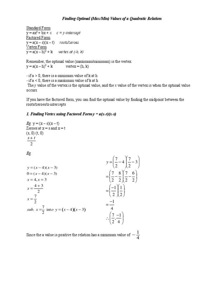 Finding Optimal Values of Quadratic Relations | Quadratic Equation ...