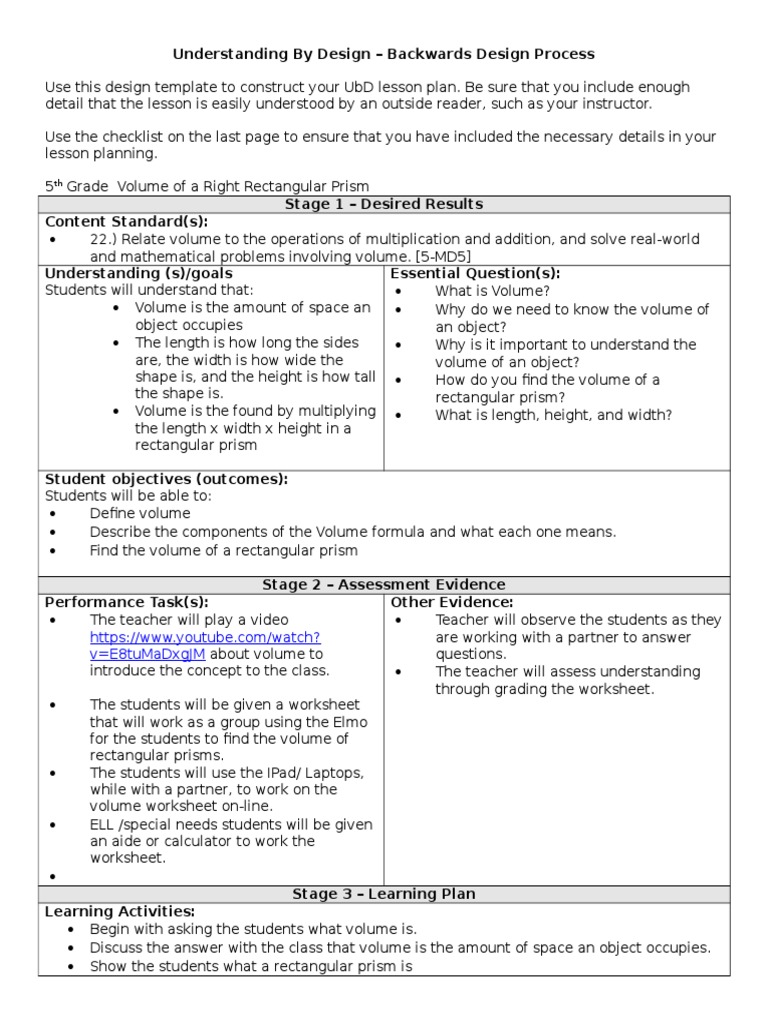UbD Lesson Plan: Volume of Prisms | PDF | Volume | Understanding