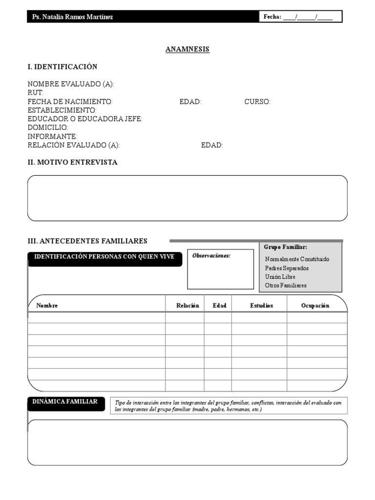 FORMATO ANAMNESIS | Rtt | Ciencias de la Salud