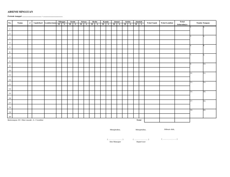 Contoh Form Absensi Mingguan | PDF