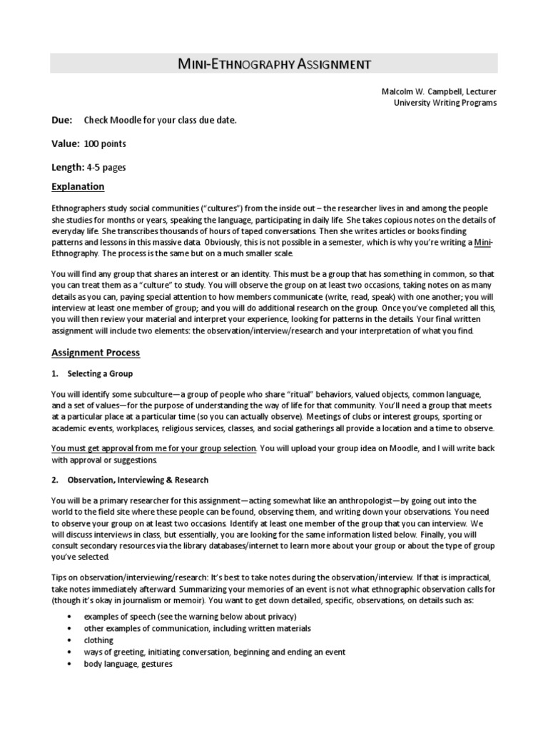 Mini Ethnography Assignment - MC | PDF | Ethnography | Observation
