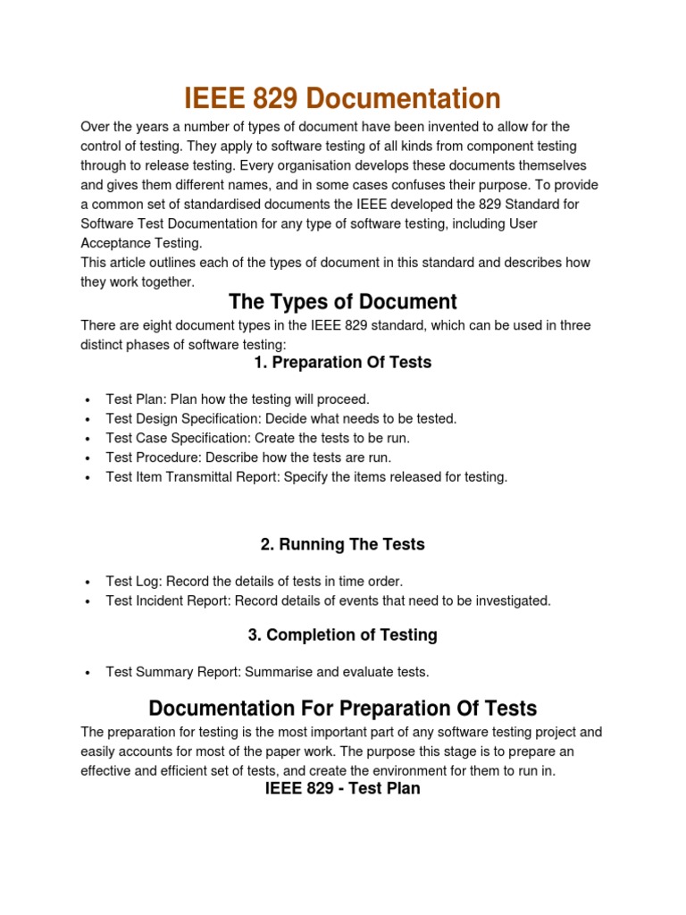 IEEE 829 Documentation | PDF | Software Testing | Specification ...