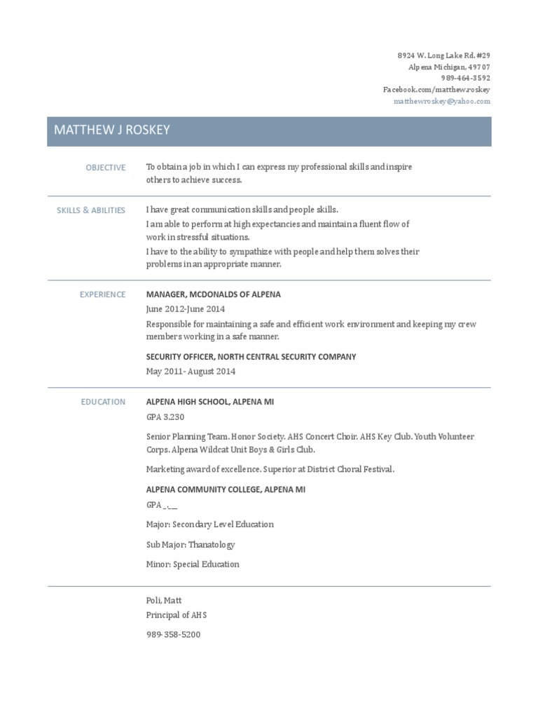 Matthew Roskey's Professional Resume | PDF