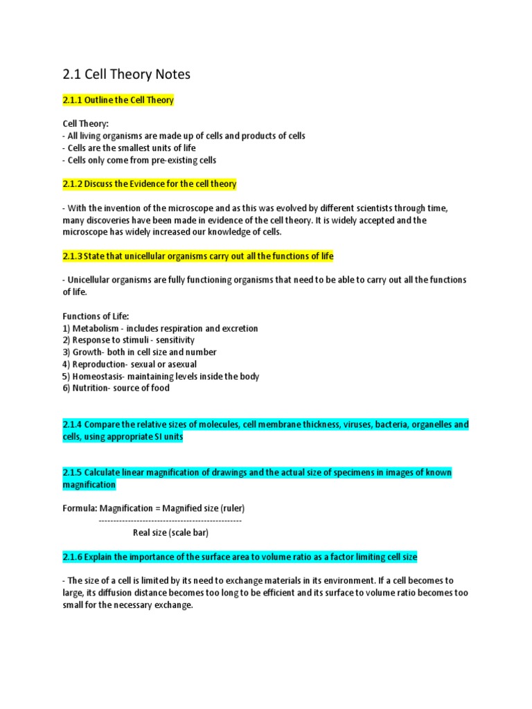 2.1 Biology Cell Theory Notes | PDF | Cell Potency | Cell (Biology)