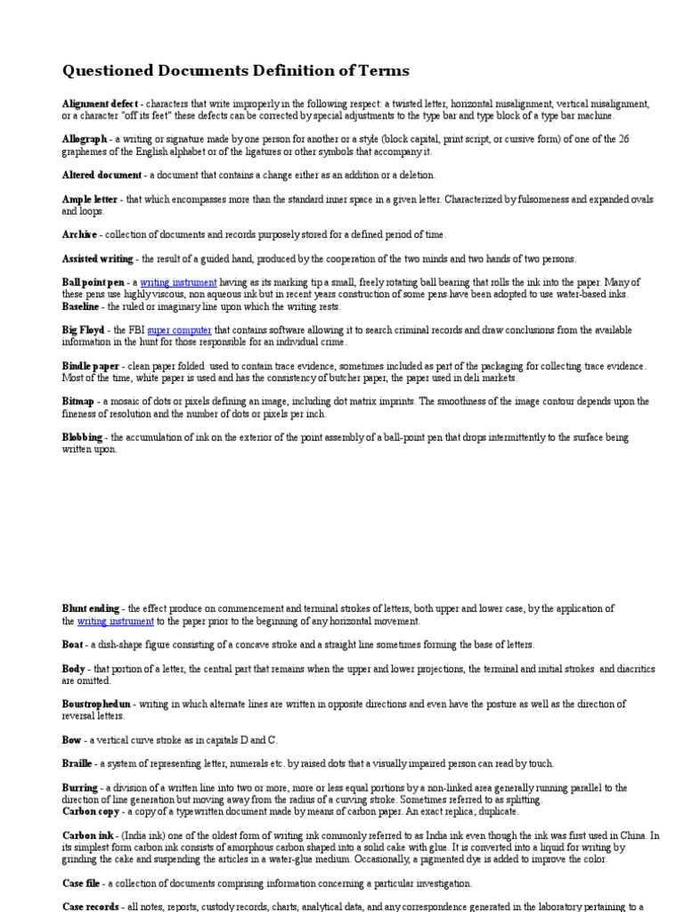 Questioned Documents Definition Terms | PDF | Typewriter | Typefaces