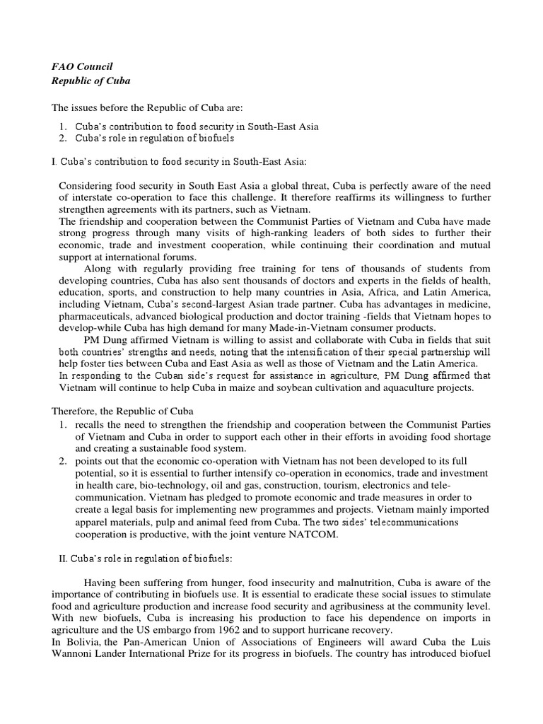 FAO Position Paper Example | Sugarcane | Cuba