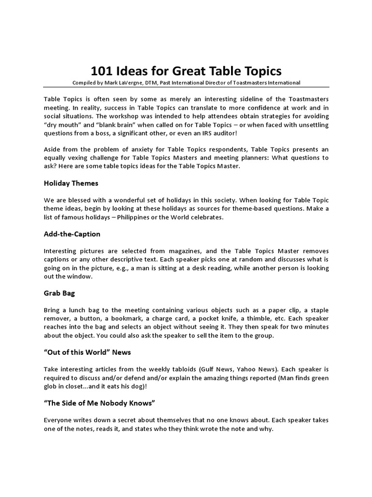 101 Ideas For Great Table Topics | PDF | Postcard | Question