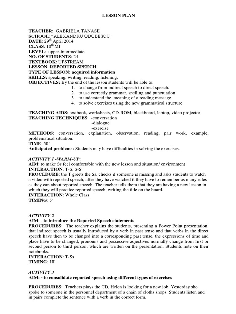 LESSON PLAN Reported Speech | PDF | Lesson Plan | Human Communication