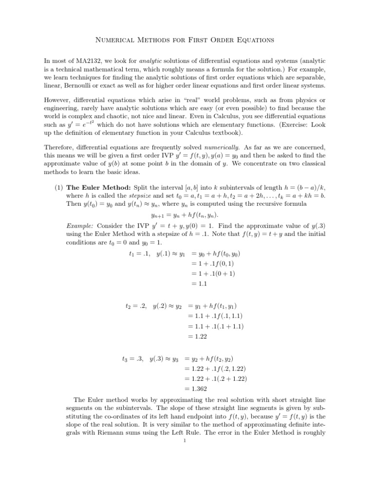 Numerical Methods For Approximating Solutions To First Order Differential Equations An