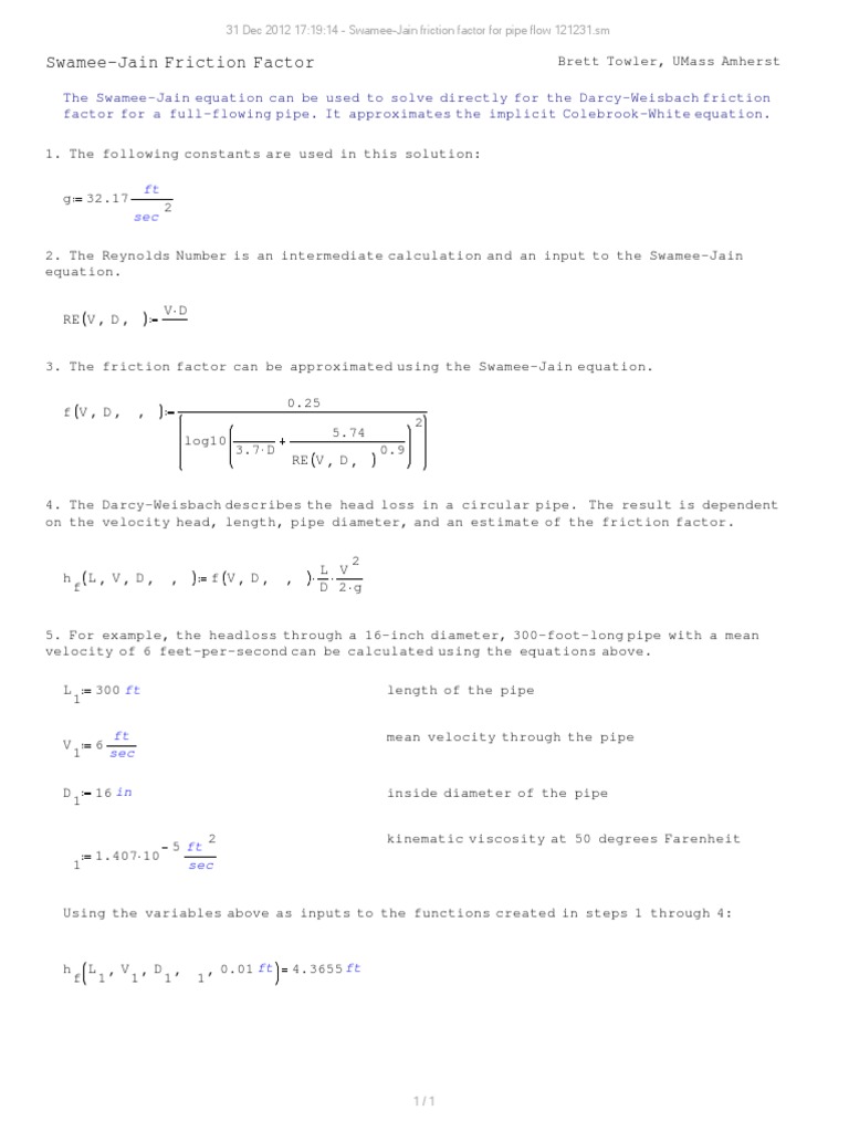 Swamee-Jain Friction Factor Formula | PDF | Mathematical Objects ...