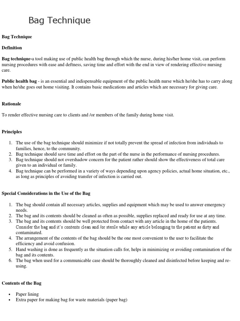 Bag Technique Lecture Notes | PDF | Hand Washing | Nursing
