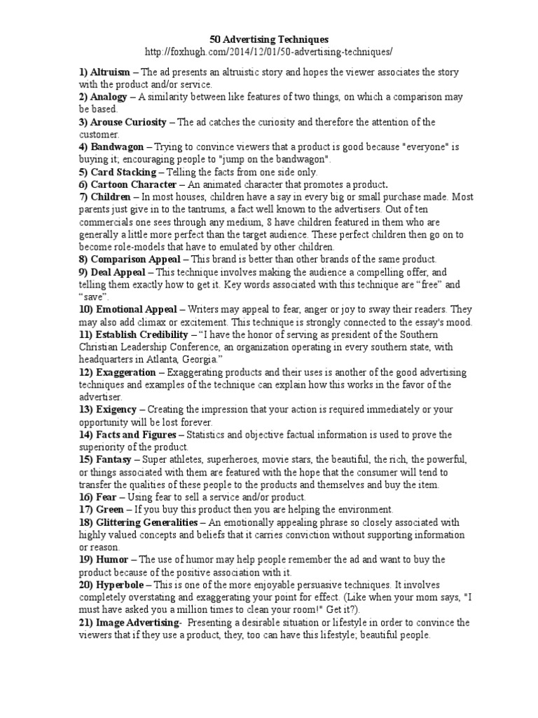 50 Advertising Techniques Worksheet | Download Free PDF | Persuasion ...