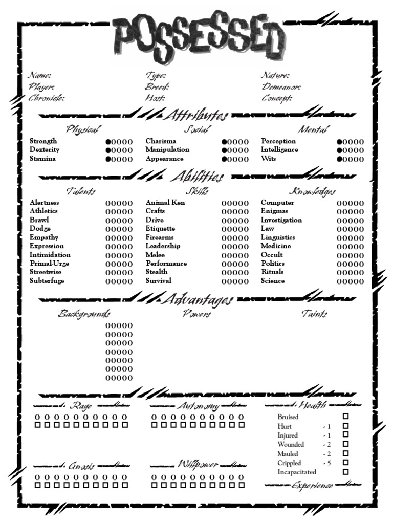 Werewolf Character Sheet Template | PDF