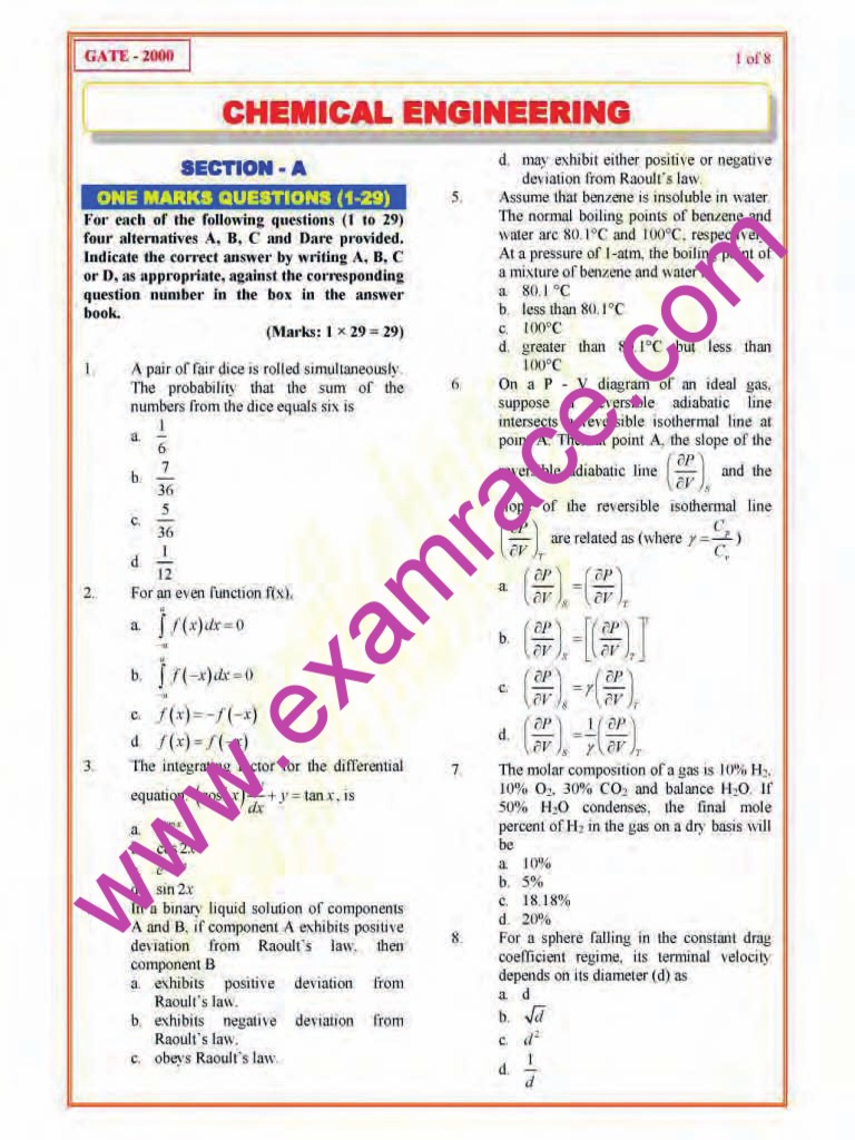 GATE Chemical Engineering 2000 | PDF | Mechanics | Chemical Substances