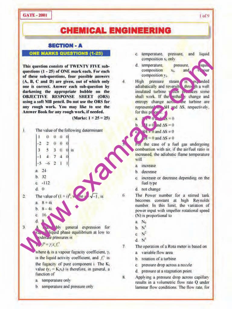 I GATE 2001 Chemical Engineering Exam | PDF | Chemistry | Physical Sciences