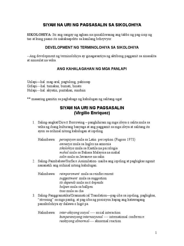 Siyam Na Uri NG Pagsasalin Sa Sikolohiya | PDF